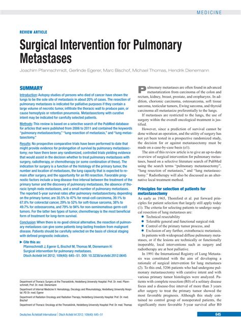 Pdf Surgical Intervention For Pulmonary Metastases