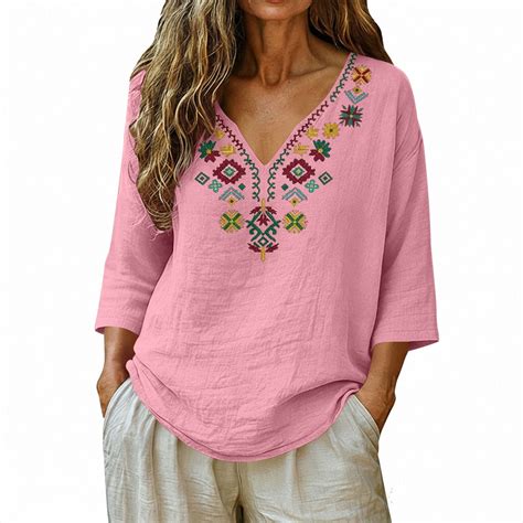 Dweltoz Womens Summer Embroidered Mexican Shirts 34 Sleeve Boho