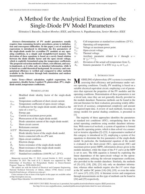 PDF A Method For The Analytical Extraction Of The Single Diode PV Model Parameters