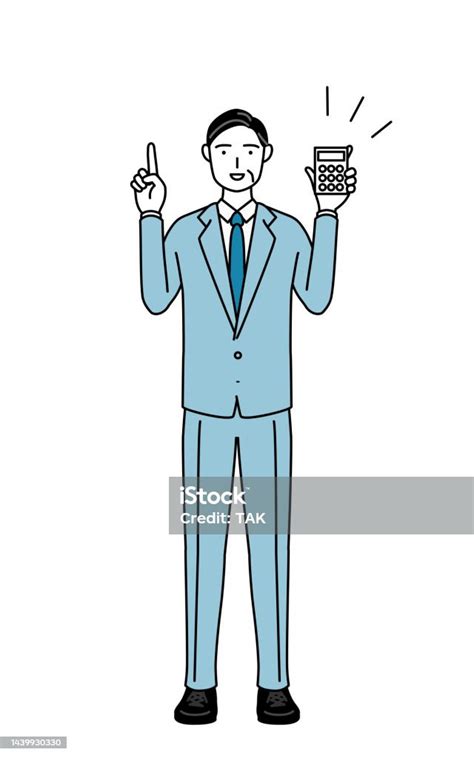 고위 사업가 임원 관리자 및 대통령이 계산기를 들고 가리키는 간단한 선 그리기 그림 가리키기에 대한 스톡 벡터 아트 및 기타