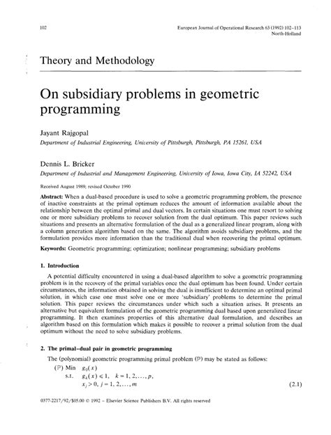 Pdf On Subsidiary Problems In Geometric Programming