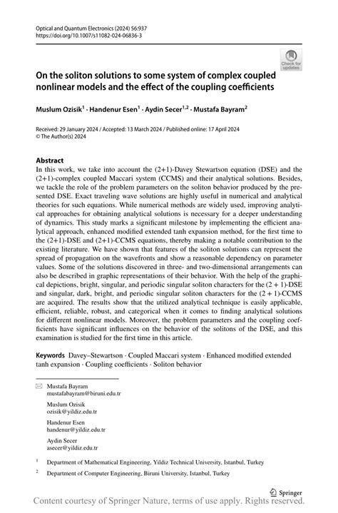 Pdf On The Soliton Solutions To Some System Of Complex Coupled Nonlinear Models And The Effect