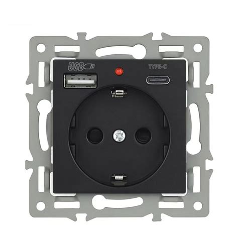 Розетка Viswe с Usb и Type C A C с заземлением и защитными шторками без рамки черная