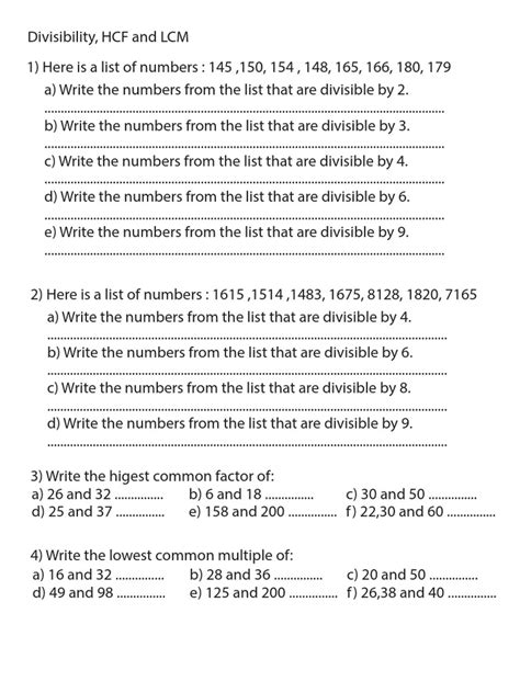 Exercise 1 Divisibility Hcf Lcm Stage 7 Pdf