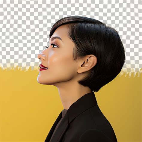 동아시아 경제학자 스타일리시한 짧은 머리카락의 여성 프로필 실루 ⁇ 레몬 배경 프리미엄 Ai 생성 Psd