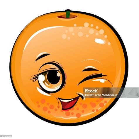오렌지 쾌활한 미소 총구와 육즙 붉은 과일 만화 스타일 흰색 배경 위에 격리 벡터 그림입니다 윙크 0명에 대한 스톡 벡터 아트