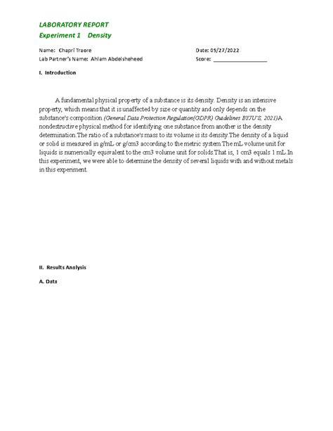 Exp 1 Density Lab Introduction Discussion Conclusion Data Sheets