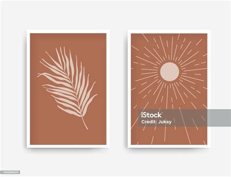 벽 아트 인쇄 벡터 세트는 야자수 잎과 태양으로 설정됩니다 보헤미안 스타일의 벽 장식 추상 중반 세기 현대 미술은 인쇄물 소셜 미디어 이야기 포스터를 위한 디자인을