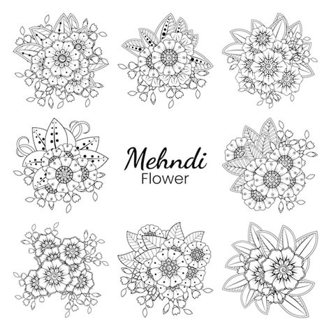 Premium Vector Set Of Mehndi Flower In Ethnic Oriental Style Doodle