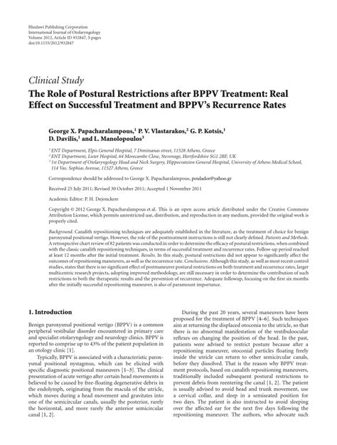Pdf The Role Of Postural Restrictions After Bppv Treatment Real
