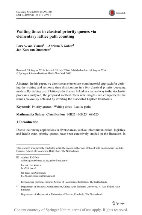 Waiting Times In Classical Priority Queues Via Elementary Lattice Path Counting Request Pdf
