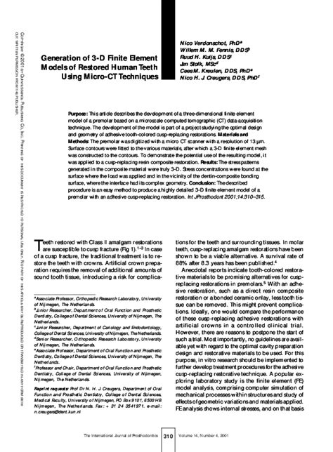 Pdf Generation Of 3 D Finite Element Models Of Restored Human Teeth Using Micro Ct Techniques
