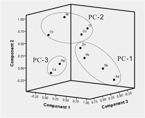 3d plot of scores for investigated elements obtained from pca results