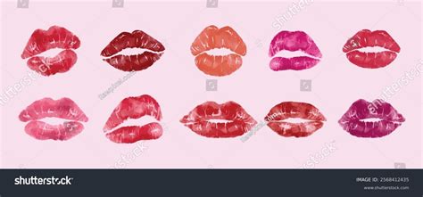 Watercolor Lip Prints Various Shades Red 스톡 벡터 로열티 프리 2568412435