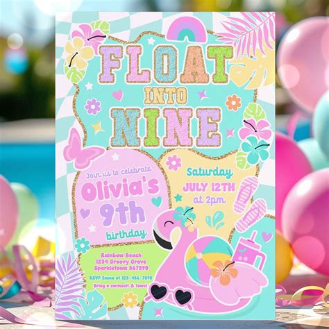 Editable Preppy 9th Birthday Pool Party Invitation Varsity Girl Fashion