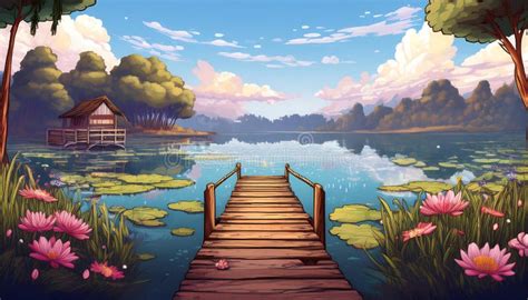 Pixelated Lakeside View Tranquil Lakeside Scene With A Small Wooden