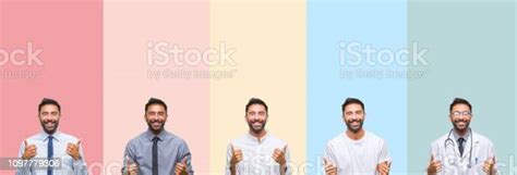 다채로운 줄무늬에 잘생긴 남자의 콜라주 배경 성공 기호 손으로 긍정적인 제스처를 하 고 웃 고 행복 엄지손가락 고립 쾌활 한 식 우승자 제스처와 카메라를 보면 건강관리와