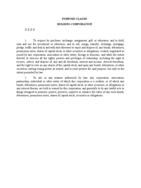 Purpose Clause Holding Corporation Pdf Law