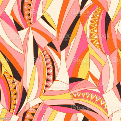 레트로 그루비 배경 빈티지 추상적 인 환각 벡터 원활한 패턴 구식 손으로 그린 기하학적 물결 모양의 인쇄물이있는 섬유 및 표면 디자인 1960 1969 년에 대한 스톡 벡터