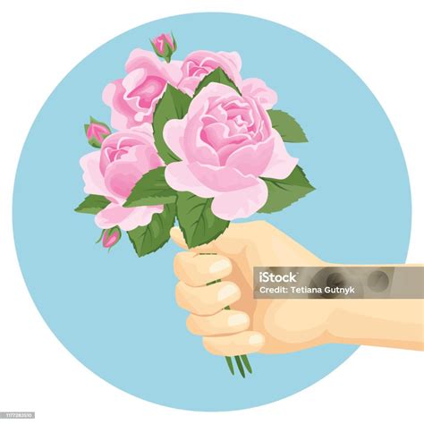 손은 분홍색 장미의 꽃다발을 제공합니다 아름 다운 꽃을 선물로 도는 것 인사말 카드 배너 만화 간단한 플랫 스타일의 벡터 꽃