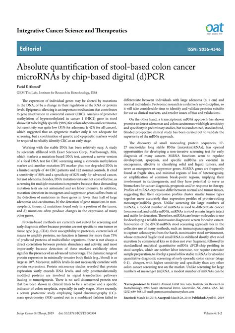 Pdf Absolute Quantification Of Colon Cancer Micrornas With 3d Digital