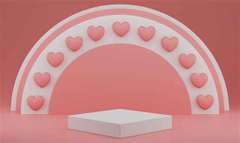 발렌타인 데이 포디움 또는 사본 공간과 파스텔 핑크 배경에 사랑의 마음의 상징과 제품 스탠드 3d 렌더링 0명에 대한 스톡 사진