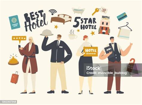 파이브 스타 호텔 서비스 컨셉 최고 품질의 럭셔리 호텔에서 관광을 만나는 환대 직원 캐릭터 접수 돔형 쟁반에 대한 스톡 벡터 아트 및 기타 이미지 Istock