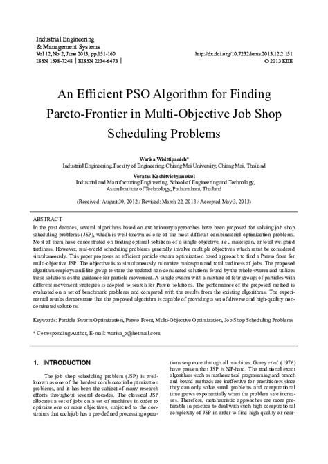 Pdf An Efficient Pso Algorithm For Finding Pareto Frontier In Multi Objective Job Shop