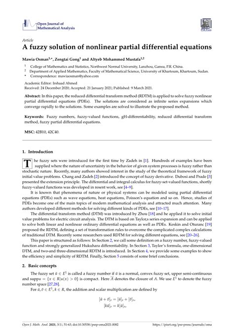 Pdf A Fuzzy Solution Of Nonlinear Partial Differential Equations