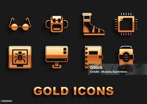 Set Computer Monitor Screen Processor With Cpu Energy Drink Spiral Notebook Insects Frame