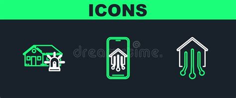 Set Line Smart Home House And Alarm And Mobile Phone With Smart Icon Vector Stock Vector