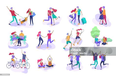 행복한 연인 관계 로맨틱 한 커플 키스 포옹 자전거 타기 걷기 테니스 기타 요가 댄스와 장면 캐릭터 발렌타인 데이 세트입니다 다채로운 벡터 사람들에 대한 스톡 벡터 아트 및