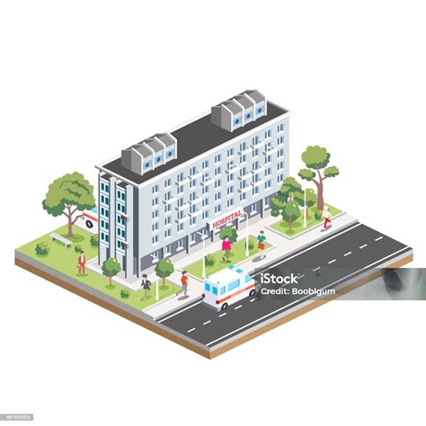 병원의 등척성 건물 아이콘 또는 인포그래픽 요소입니다 시립 클리닉 흰색 배경에 고립된 건축 기호입니다 사람들과 함께 푸른 나무 도로에 구급차 3차원 형태에 대한 스톡 벡터