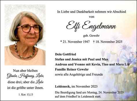 Traueranzeigen Von Elfi Engelmann Wochenspiegel Trauer