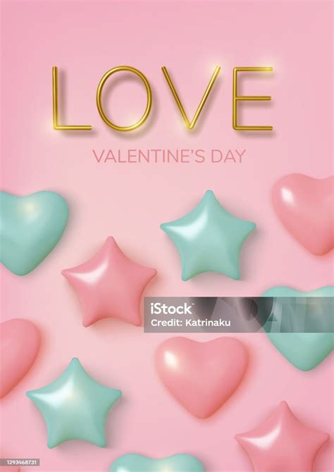 발렌타인 데이 인사말 카드 사실적인 3d 핑크와 블루 풍선 하트와 별 사랑과 결혼식 제품 웹 배너 및 전단지용 템플릿입니다 벡터 일러스트레이션 2월에 대한 스톡 벡터 아트