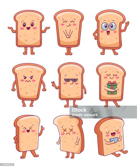 재미있는 행복한 토스트 캐릭터 웃는 얼굴로 구운 빵을 얇게 썬 귀여운 만화 손으로 그린 스타일 벡터 그리기 디자인 요소 모음입니다 가공의 인물에 대한 스톡 벡터 아트 및