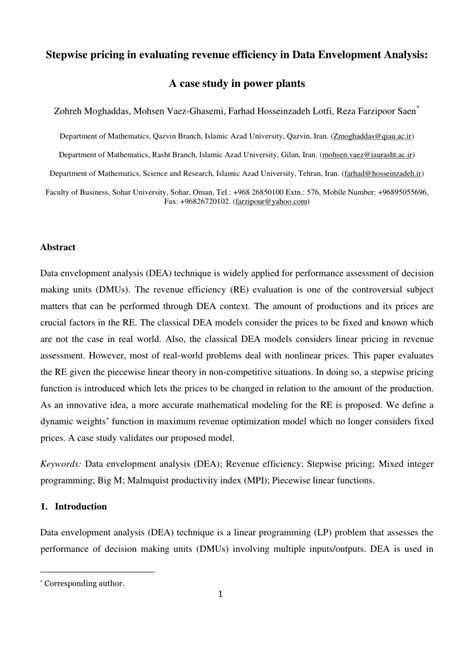 Pdf Stepwise Pricing In Evaluating Revenue Efficiency In Data Envelopment Analysis A Case