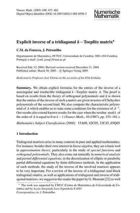 PDF Explicit Inverse Of A Tridiagonal KToeplitz Matrix