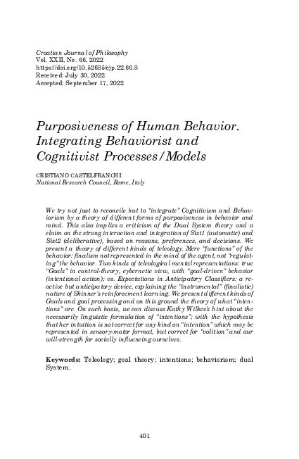 Pdf Purposiveness Of Human Behavior Integrating Behaviorist And