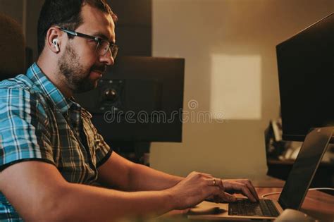 Portrait Professional Man Programmer Working Concentrated On Computer