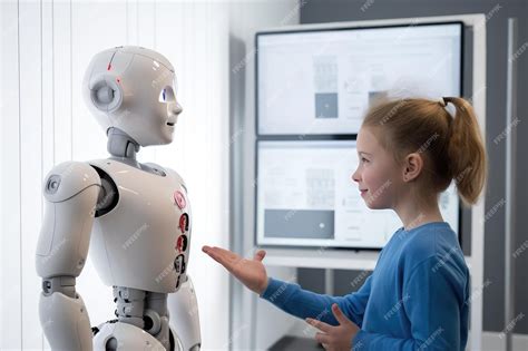 Premium Ai Image A Robot With A Girl Talking To A Man