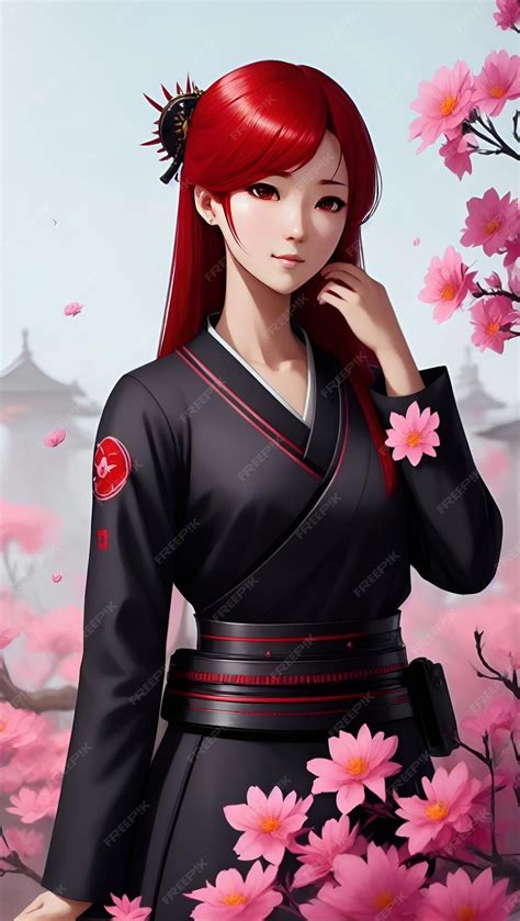 Premium Ai Image A Girl In A Black Kimono With A Red Tail And A Red Tail