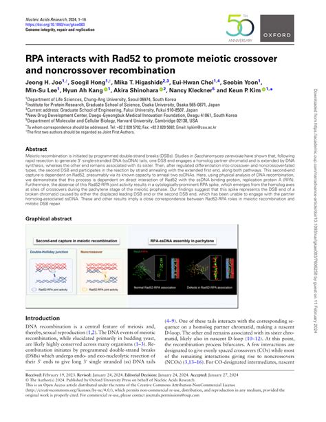 Pdf Rpa Interacts With Rad52 To Promote Meiotic Crossover And Noncrossover Recombination