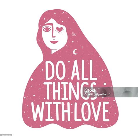 긴 머리 여자와 글자 문구와 핑크와 흰색 벡터 일러스트는 사랑으로 모든 것을 할 문신에 대한 스톡 벡터 아트 및 기타 이미지