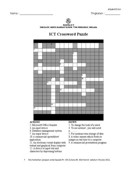 Ict Crossword Puzzle Panitia Ict Smk Dato Abdul Rahman Yakub 77300
