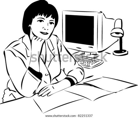 Sketch Woman Table Near Computer Stock Vector Royalty Free 82251337 Shutterstock