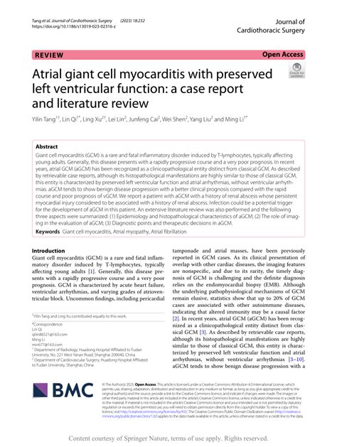 Pdf Atrial Giant Cell Myocarditis With Preserved Left Ventricular