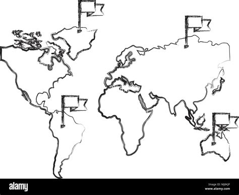 Navigation Gps World Map With Pointers Flags Vector Illustration Sketch Stock Vector Image Art