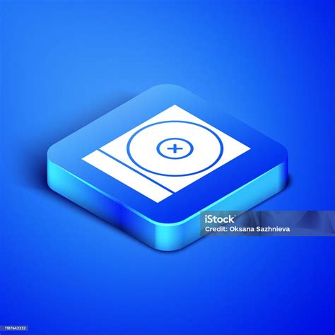 아이소메트릭 Cd 또는 Dvd 디스크 아이콘이 파란색 배경에서 격리되었습니다 컴팩트 한 디스크 기호 파란색 사각형 버튼입니다 벡터 일러스트레이션 데이터에 대한 스톡 벡터