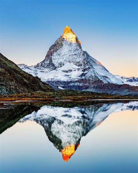 Alpenglow On Matterhorn Peak In Riffelsee Lake Switzerland Mountain